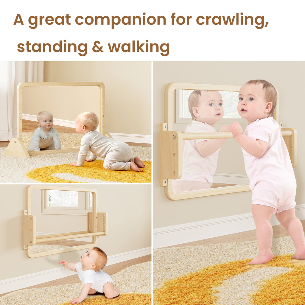 Woodtoe 3-in-1 Montessori Mirror with Bar, Adjustable Toddler Mirror