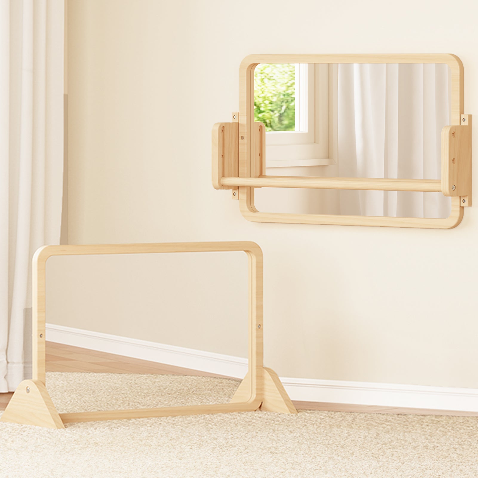 Woodtoe 3-in-1 Montessori Mirror with Bar, Adjustable Toddler Mirror