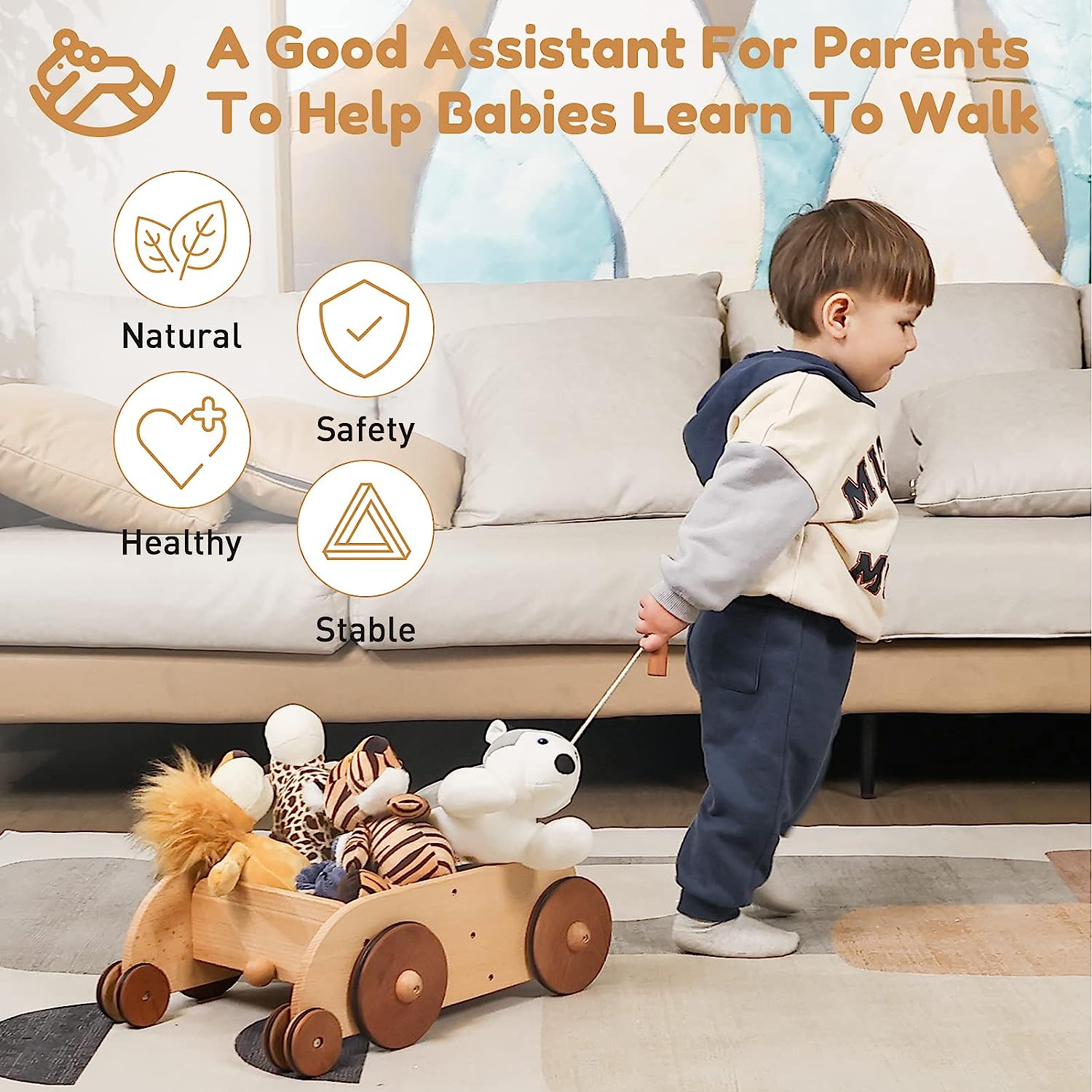 Woodtoe Wooden Baby Walker, Adjustable Speed Anti-Rollover Push Walker