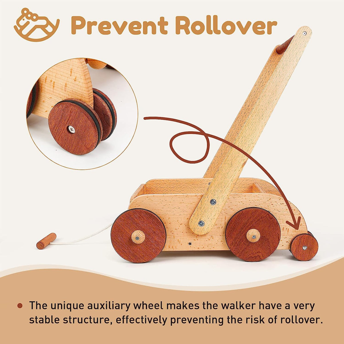 Woodtoe Wooden Baby Walker, Adjustable Speed Anti-Rollover Push Walker
