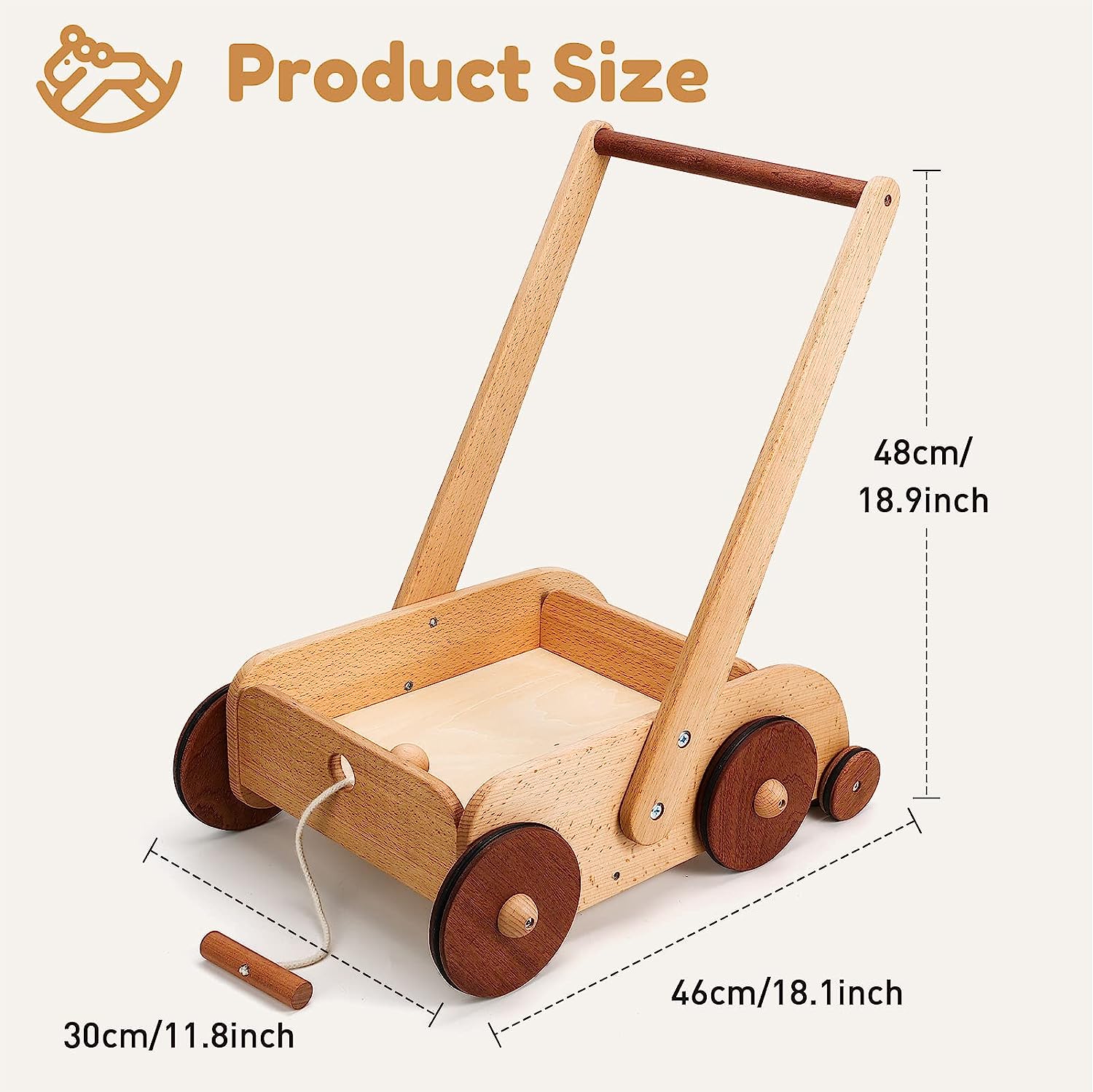 Woodtoe Wooden Baby Walker, Adjustable Speed Anti-Rollover Push Walker