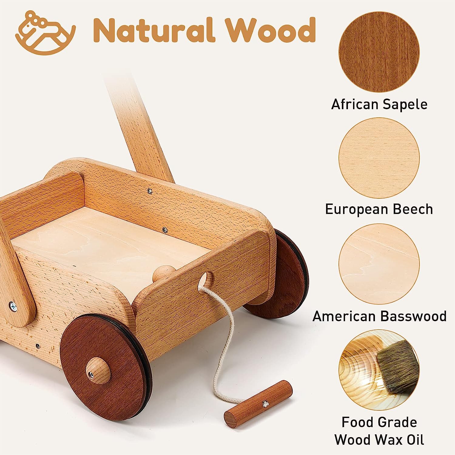Woodtoe Wooden Baby Walker, Adjustable Speed Anti-Rollover Push Walker