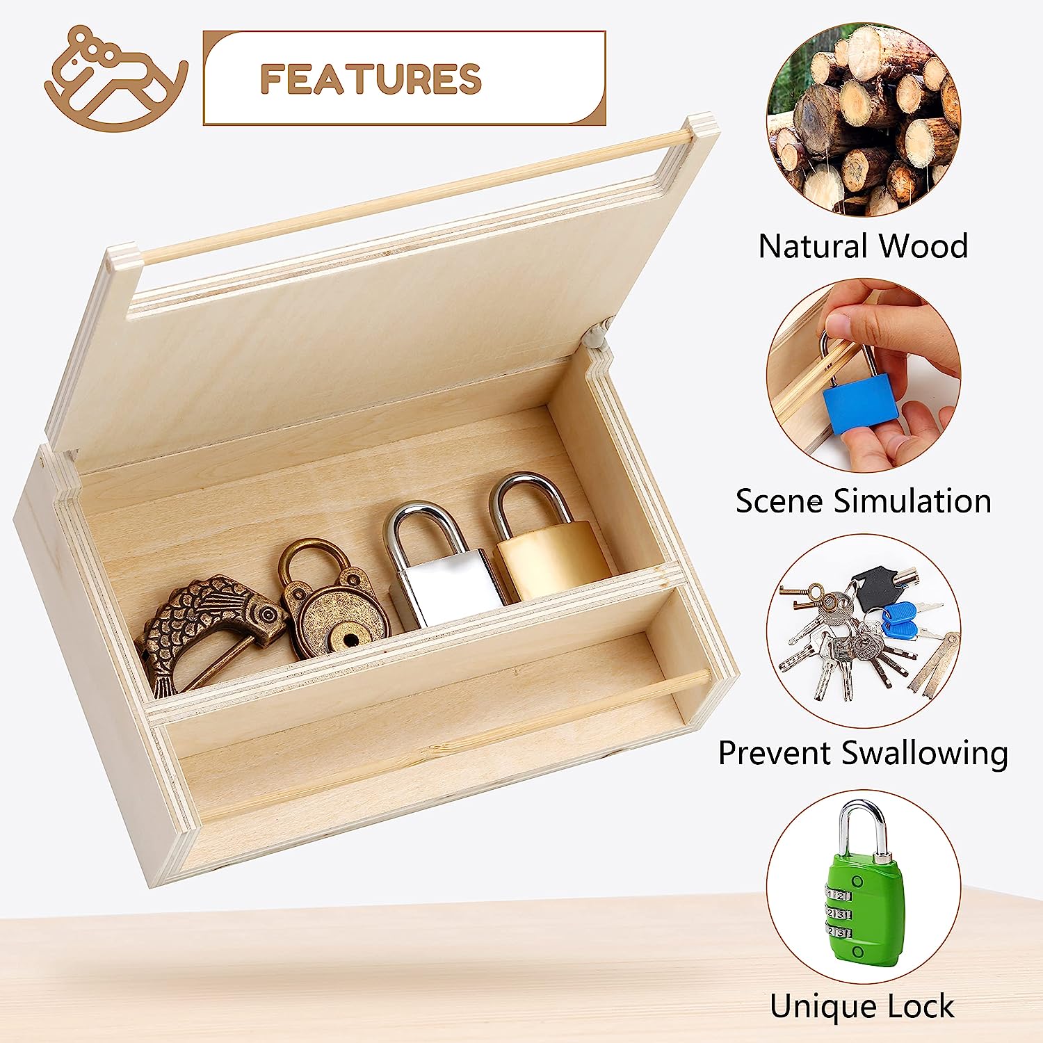Woodtoe 8 PCS Montessori Lock and Key Toy Set for Toddlers, Wooden Mon