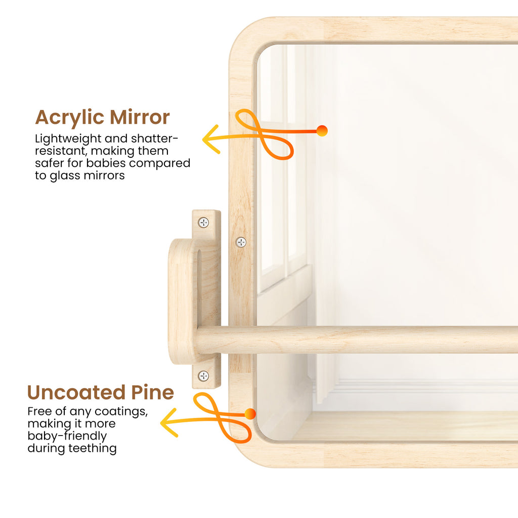 Woodtoe Montessori Mirror with Bar, Baby Pull to Stand Toys, Natural W