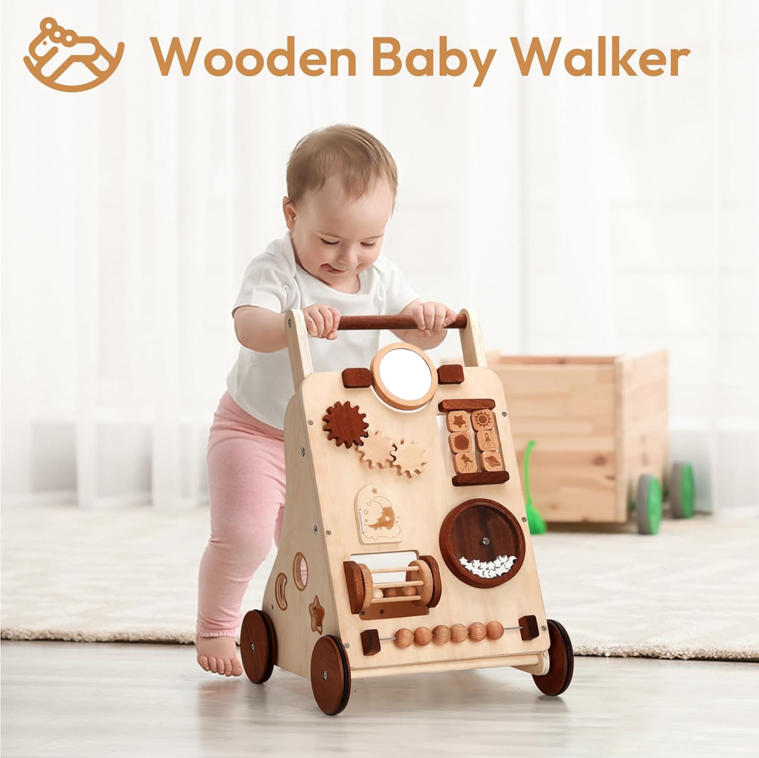 Woodtoe Wooden Baby Walker, Adjustable Push and Pull Learning Activity